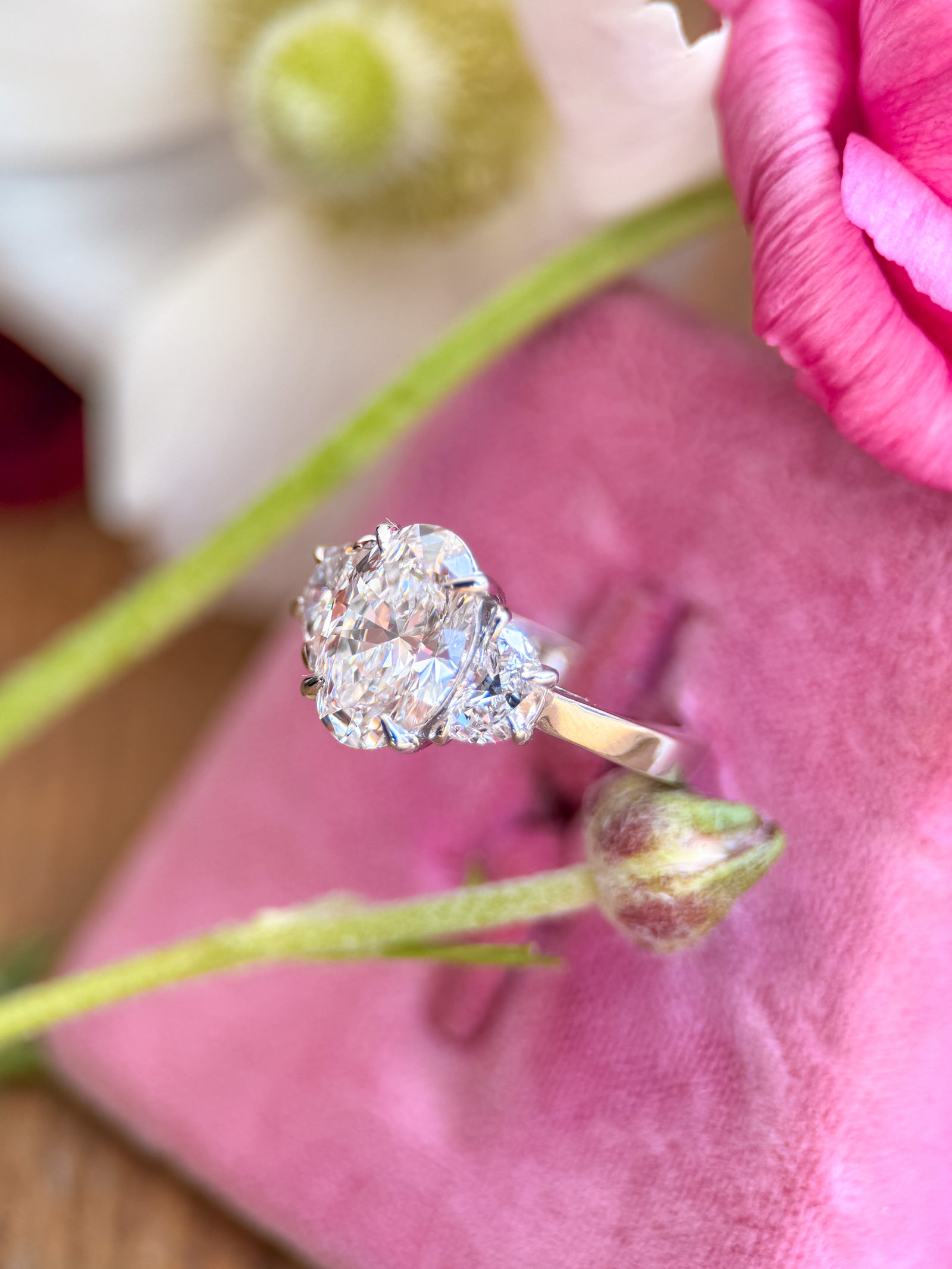 M & Co. Oval Lab Grown Diamond Engagement Ring with Half Moon Accents